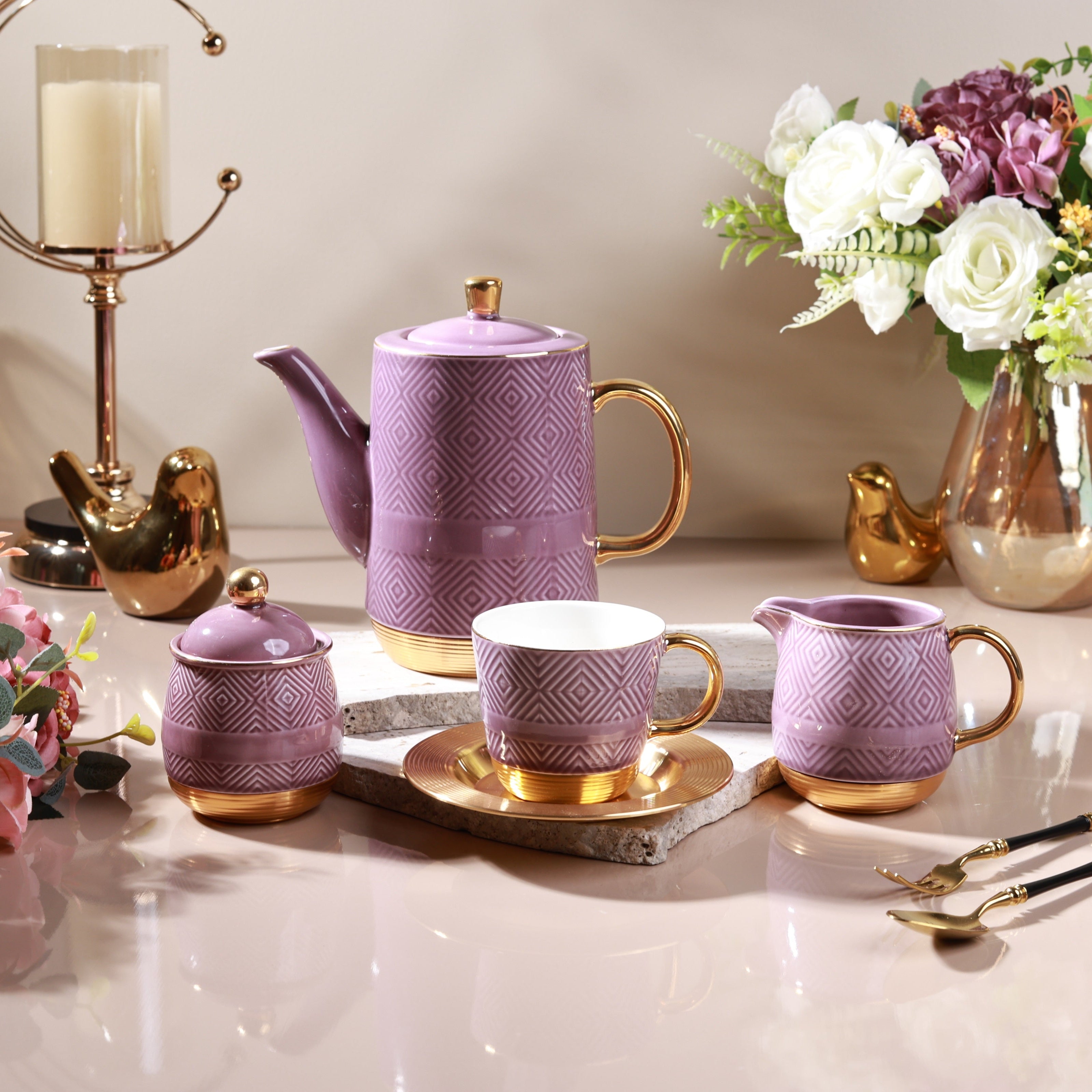 Mauve 15 Pcs Tea Set (Metal Collection, 24K Gold) – Vigneto